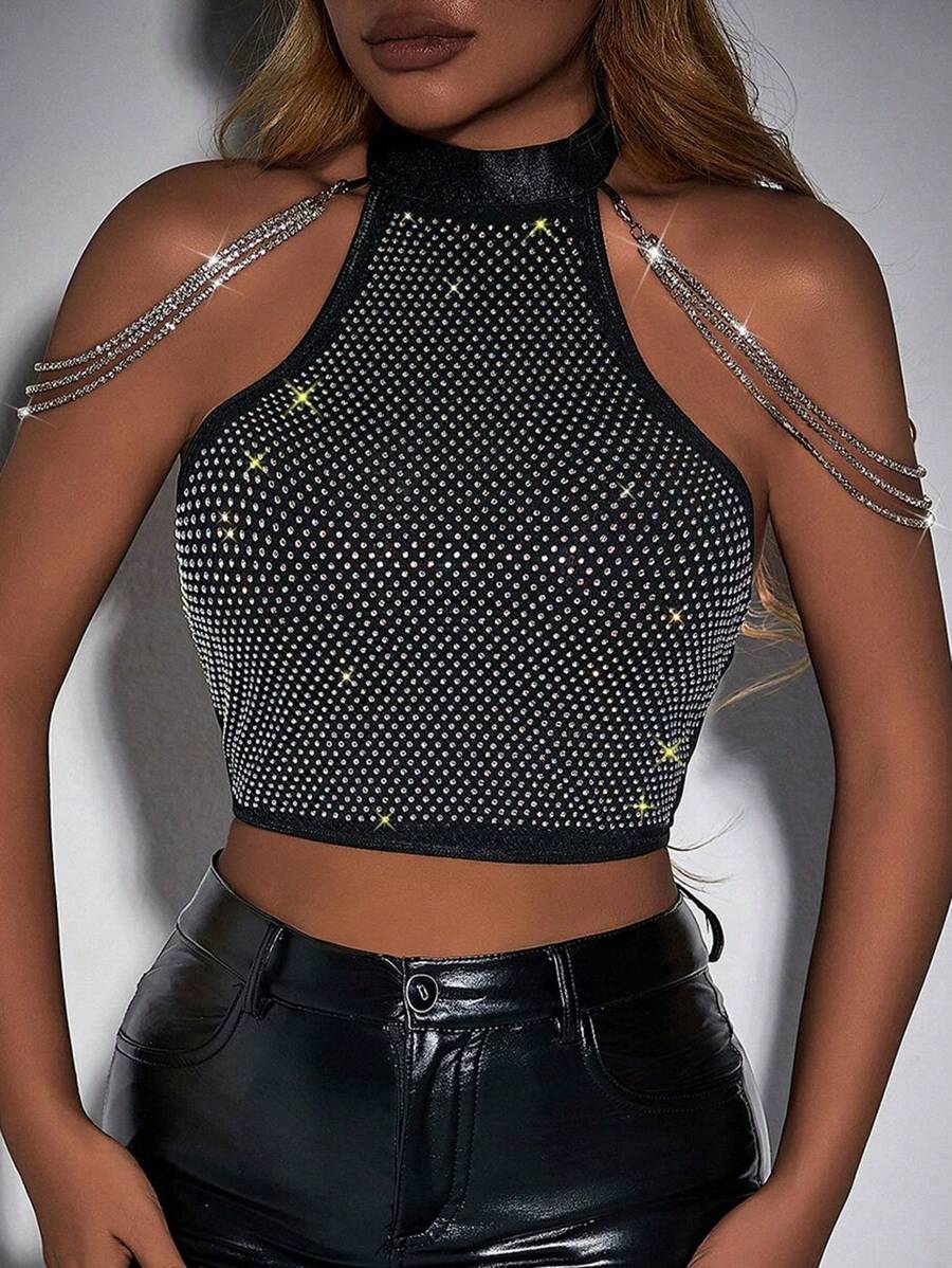 Allurite Rhinestone Chain Detail Crop Halter Top | SHEIN