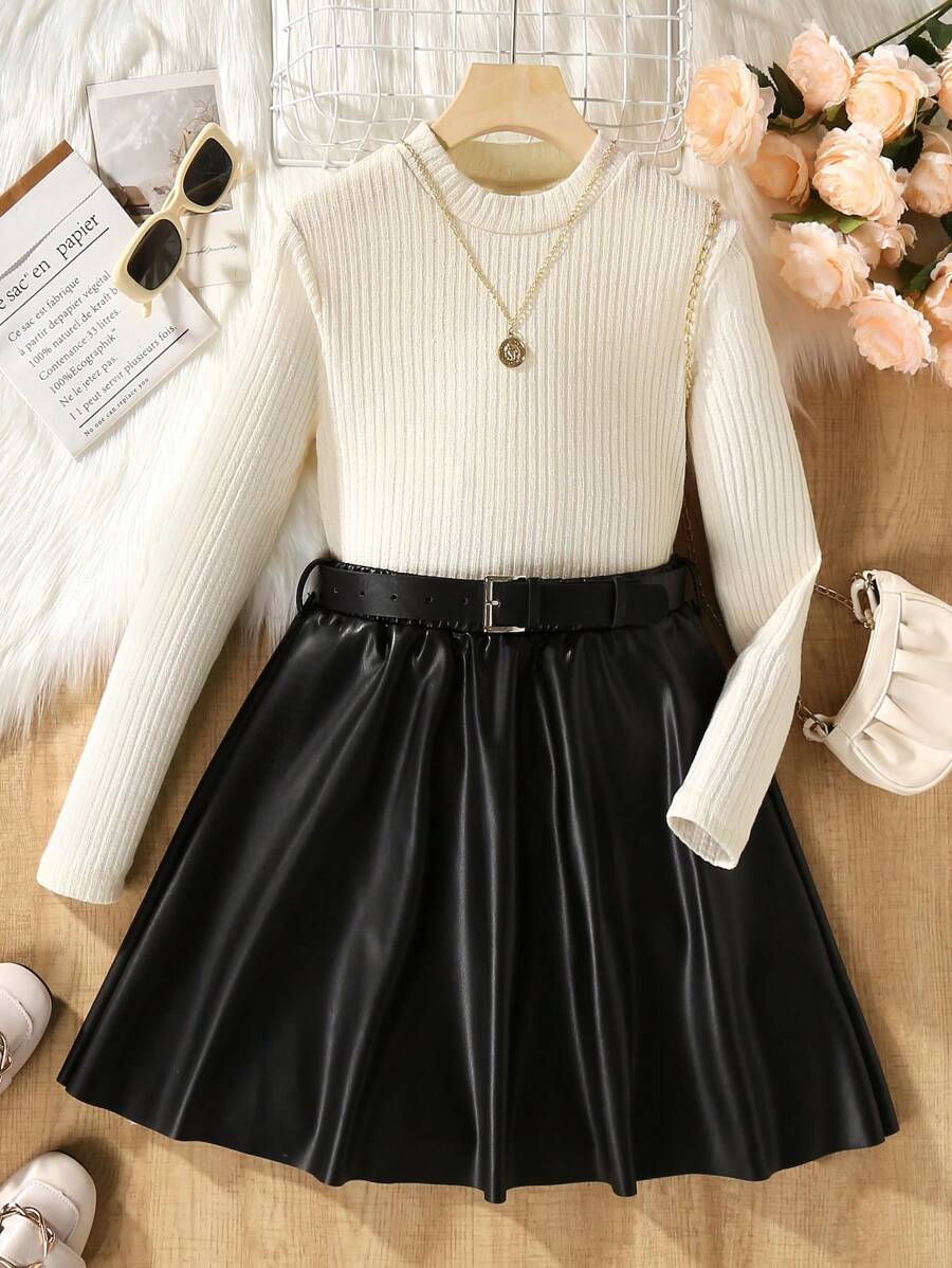 SHEIN Tween Girl Mock Neck Tee & Belted PU Leather Skirt | SHEIN USA