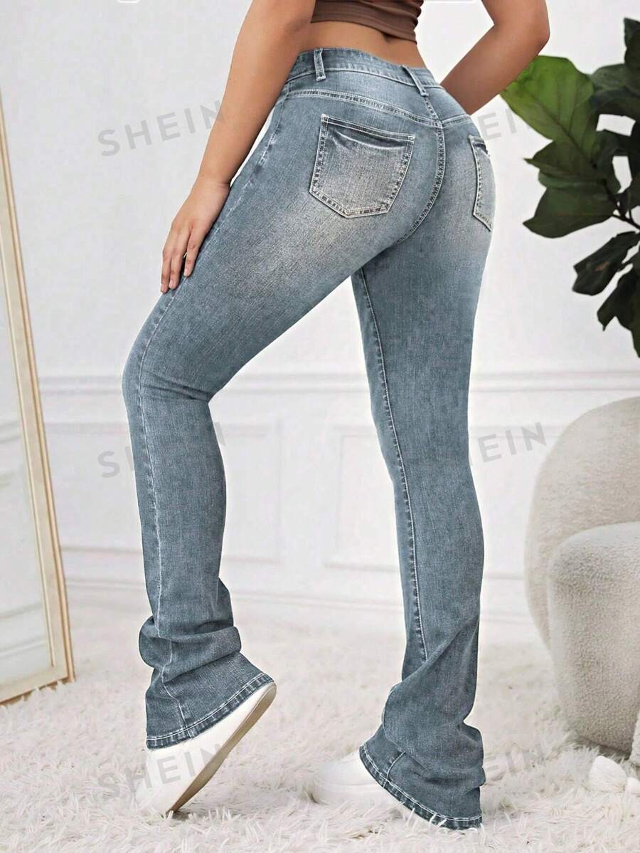 SHEIN EZwear Y2k Cat Whisker Ripped Flare Leg Blue Jeans | SHEIN USA