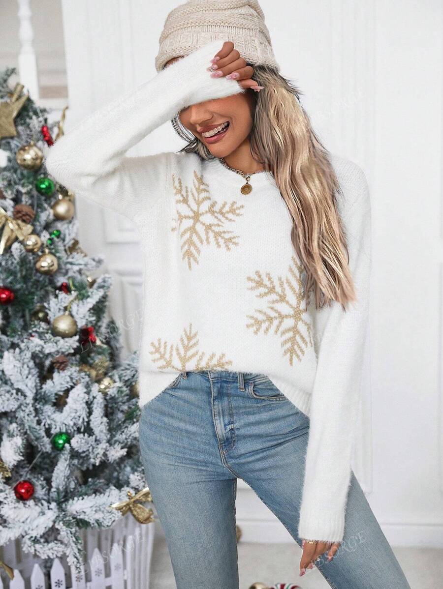 Women Casual Christmas Snowflake Jacquard Knit Sweater, Autumn/Winter ...