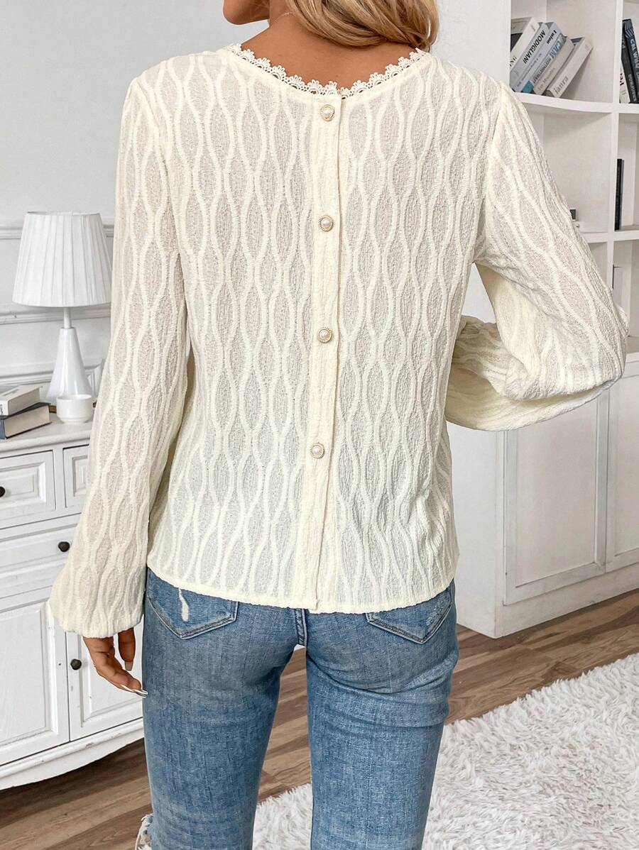 Shein Frenchy Guipure Lace Trim Lantern Sleeve Button Back Blouse