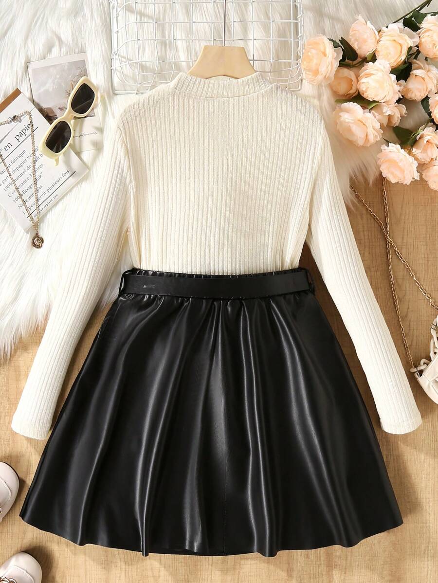 SHEIN Tween Girl Mock Neck Tee & Belted PU Leather Skirt | SHEIN USA