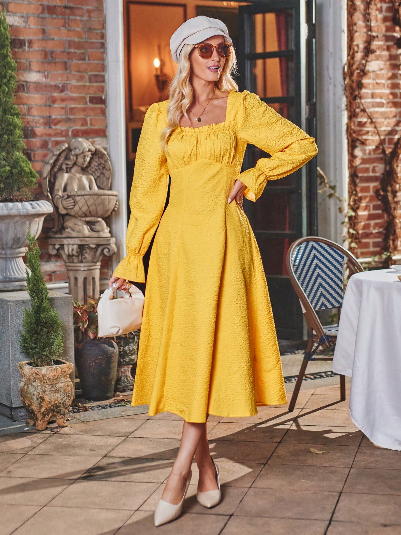Square Neckline Lace Trim Puff Sleeve Ruched Dress Shein Usa