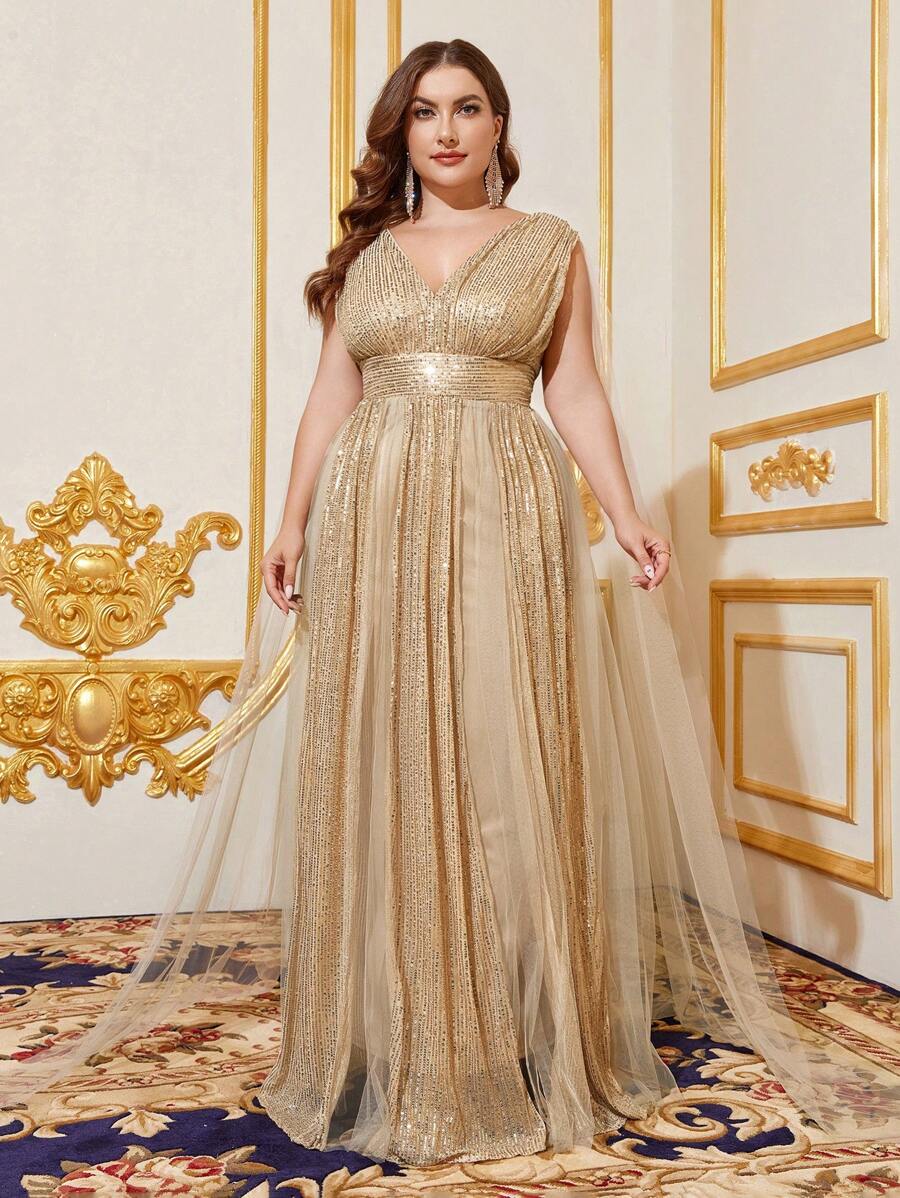 Vestido largo elegante de gala con capa de malla y lentejuelas en ...