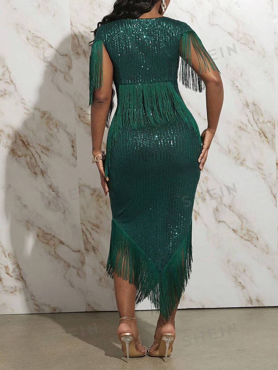 SHEIN Slayr Fancy Party, Mid-Length Dark Green Glitter Dress With ...