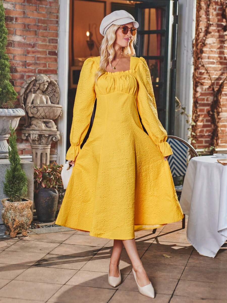 Square Neckline Lace Trim Puff Sleeve Ruched Dress Shein Usa