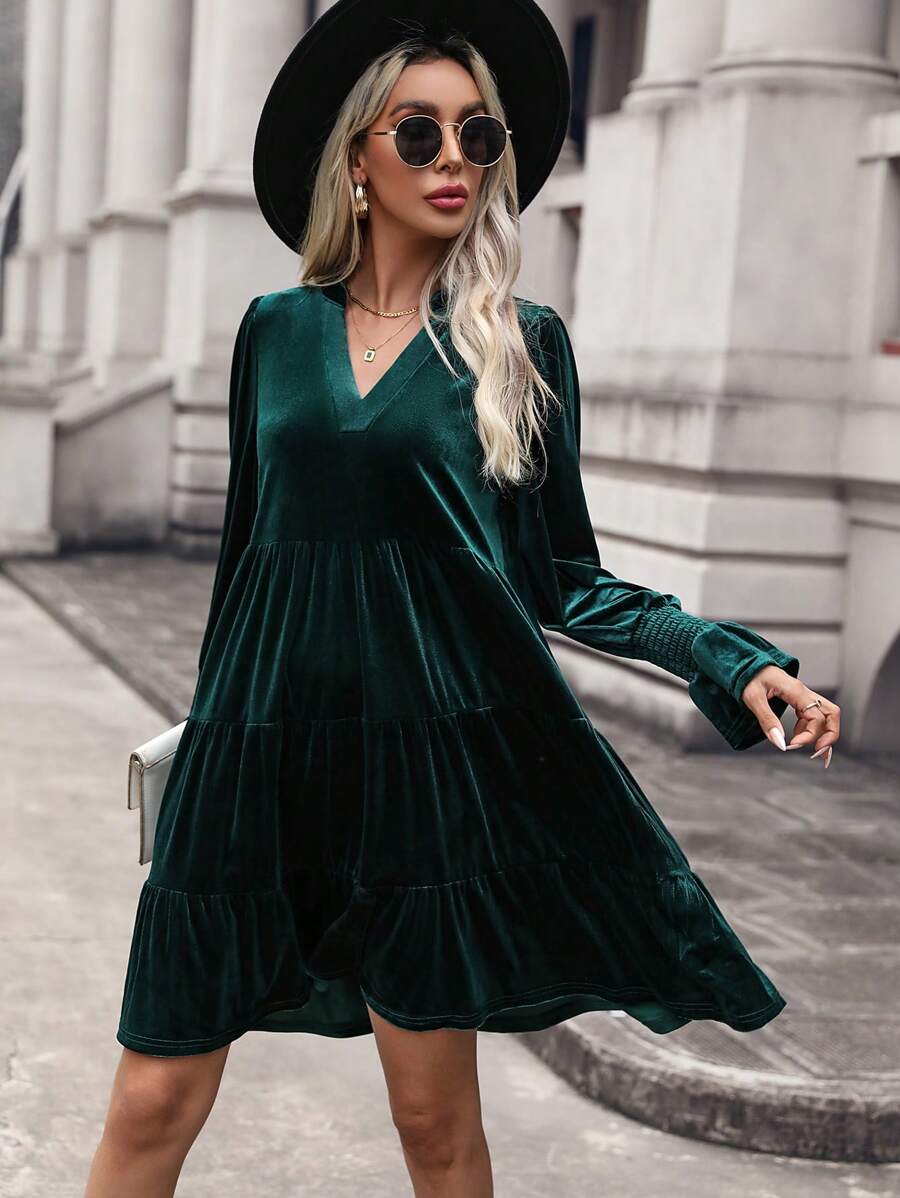 SHEIN Clasi Notched Neck Ruffle Hem Smock Dress | SHEIN USA