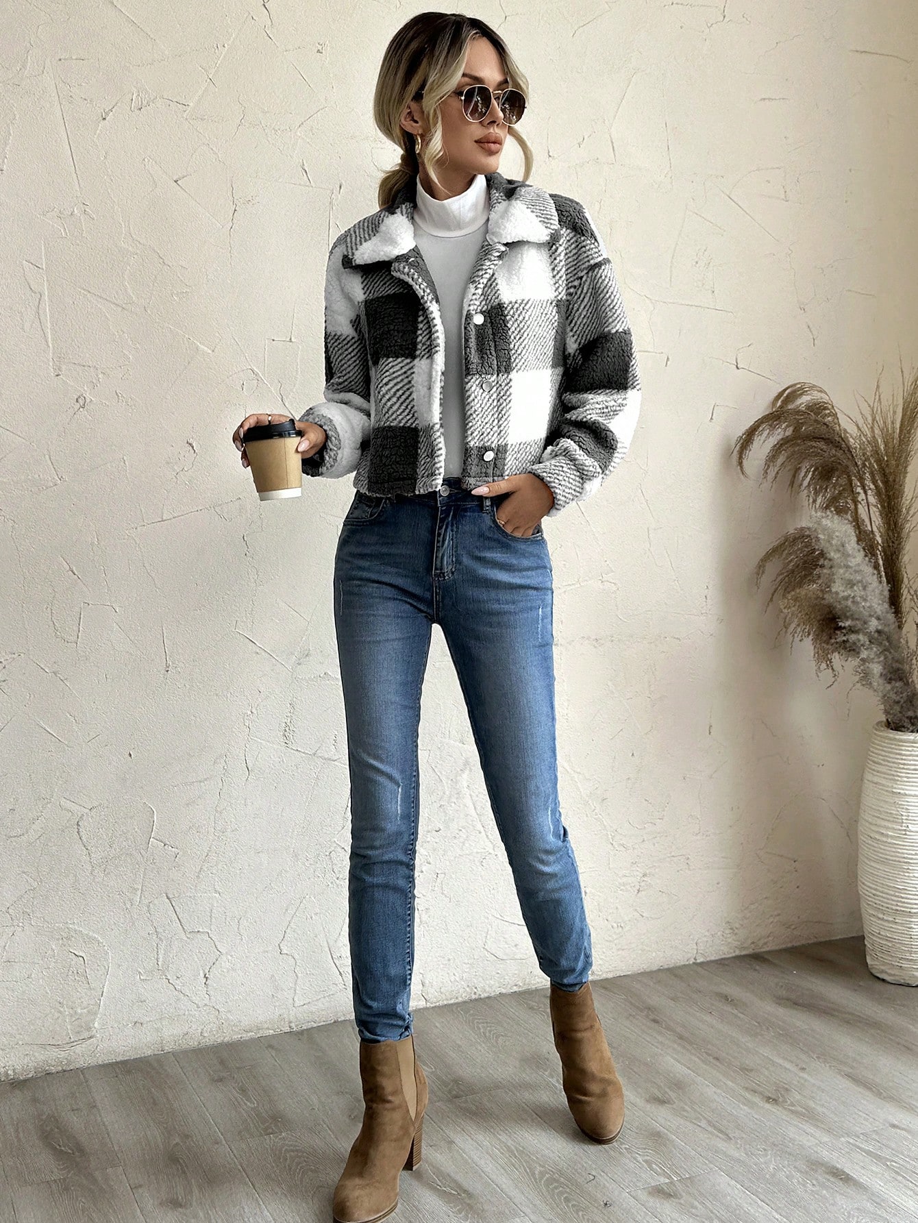 SHEIN LUNE Buffalo Plaid Pattern Drop Shoulder Teddy Jacket | SHEIN