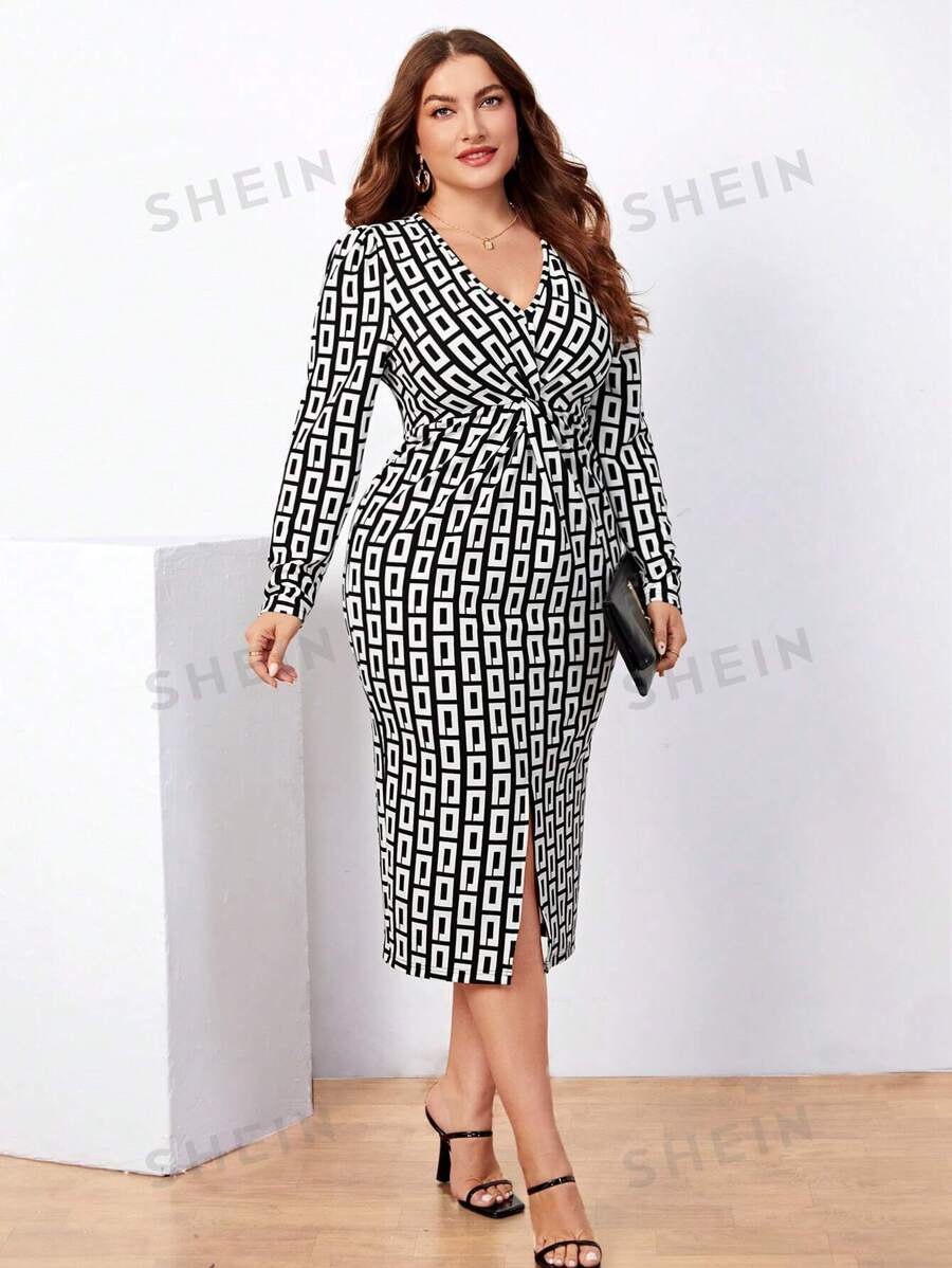SHEIN Clasi Plus Size Full Printed Twist Knot Front Slit Hem Dress ...