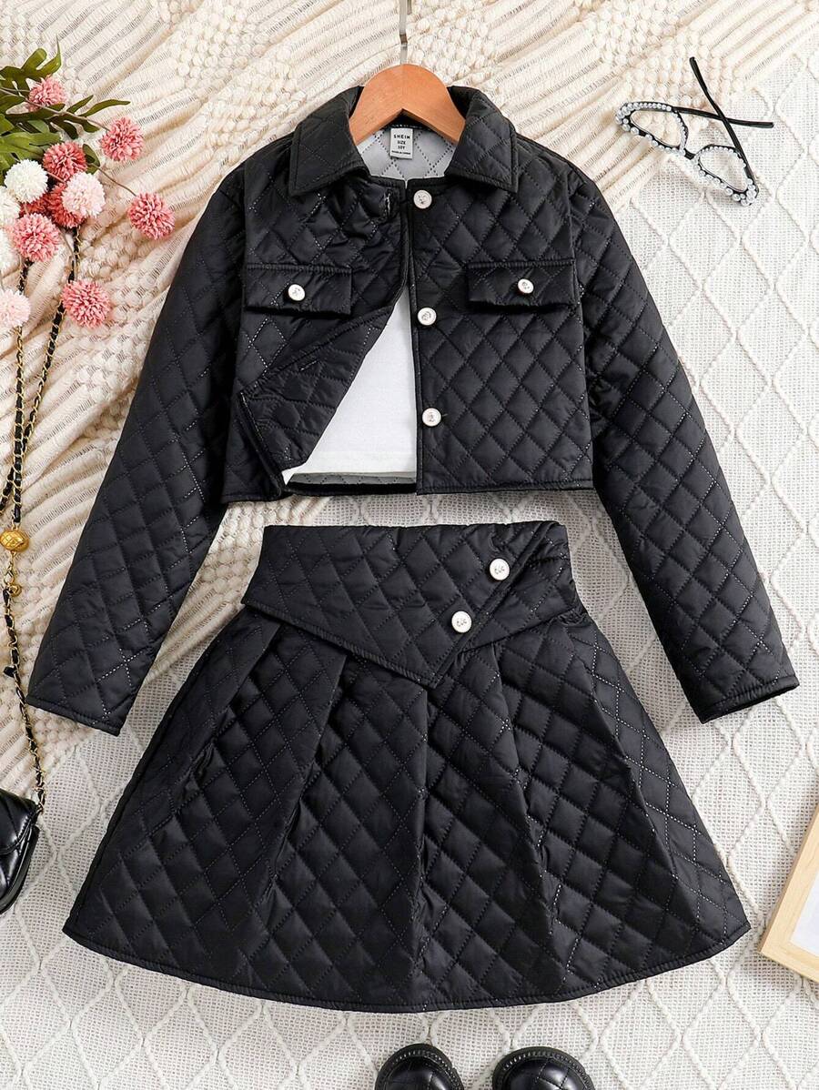 SHEIN Tween Girl Flap Detail Quilted Jacket & Skirt | SHEIN USA