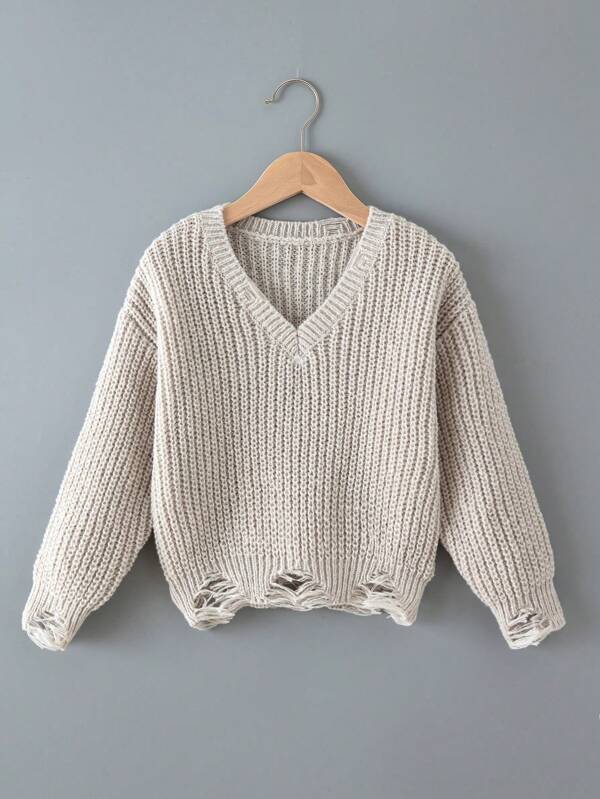 Teen Girl Drop Shoulder Distressed Hem Sweater | SHEIN USA