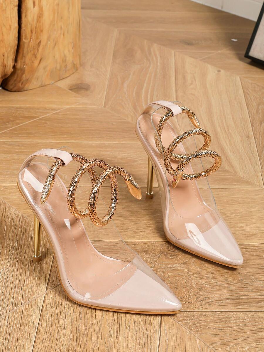 Ladies' Snake Buckle Decor Pointed Toe Transparent Pvc High Heels ...