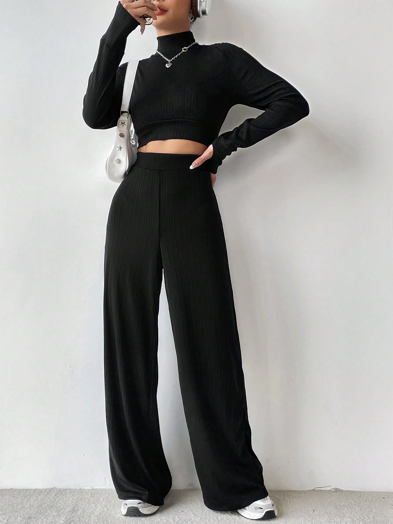 Shein Ezwear Mock Neck Crop Tee And Wide Leg Pants Shein Usa