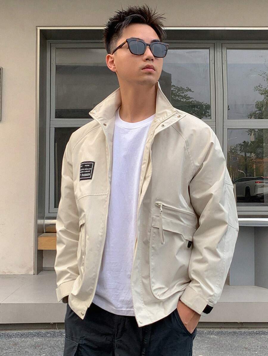 DAZY Men's Zipper Front Jacket With Letter Patches, Shoulder Tabs And ...
