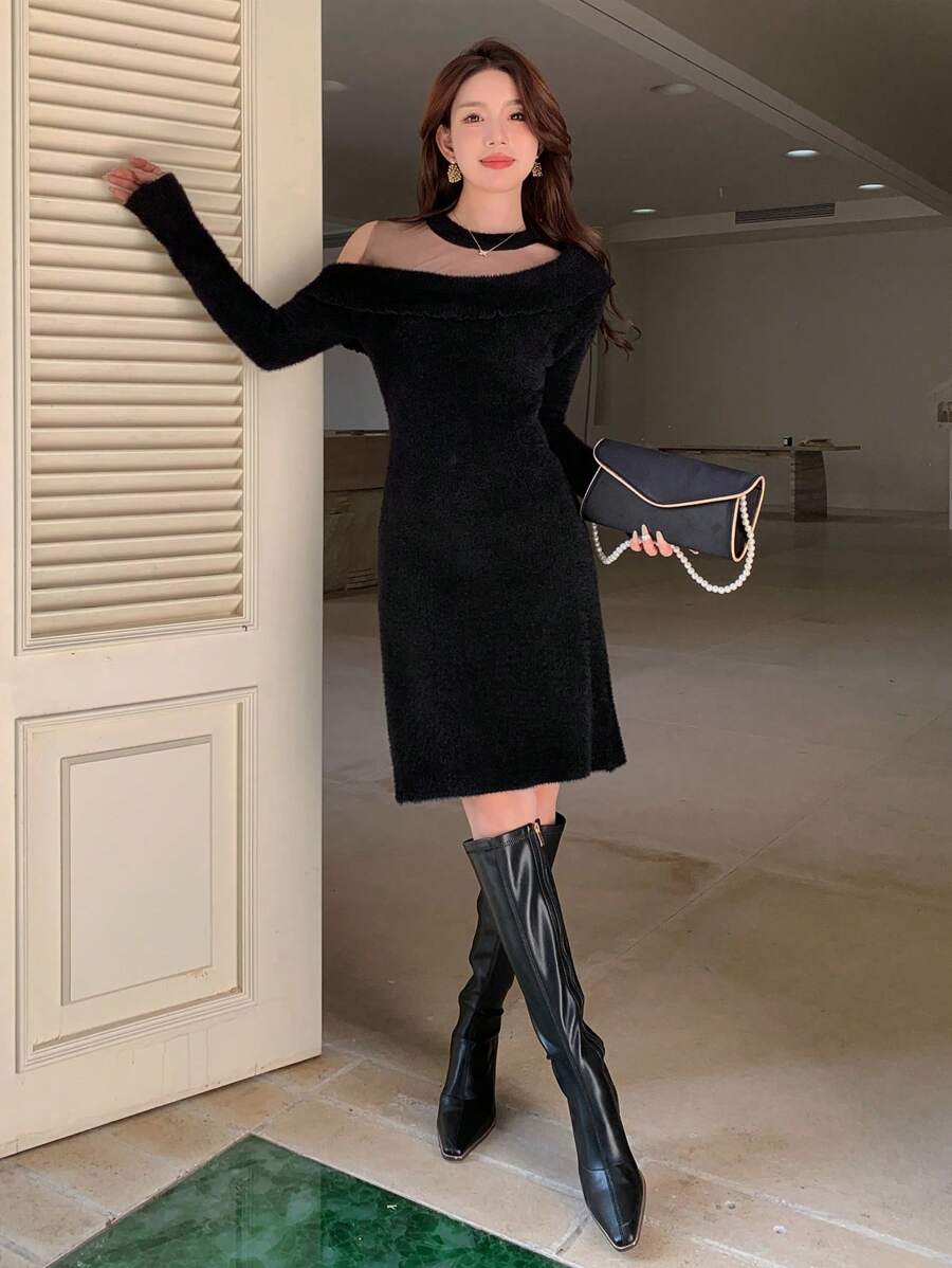 Dazy Star Color Block Sheer Mesh Hollow Out Knitted Dress | SHEIN USA