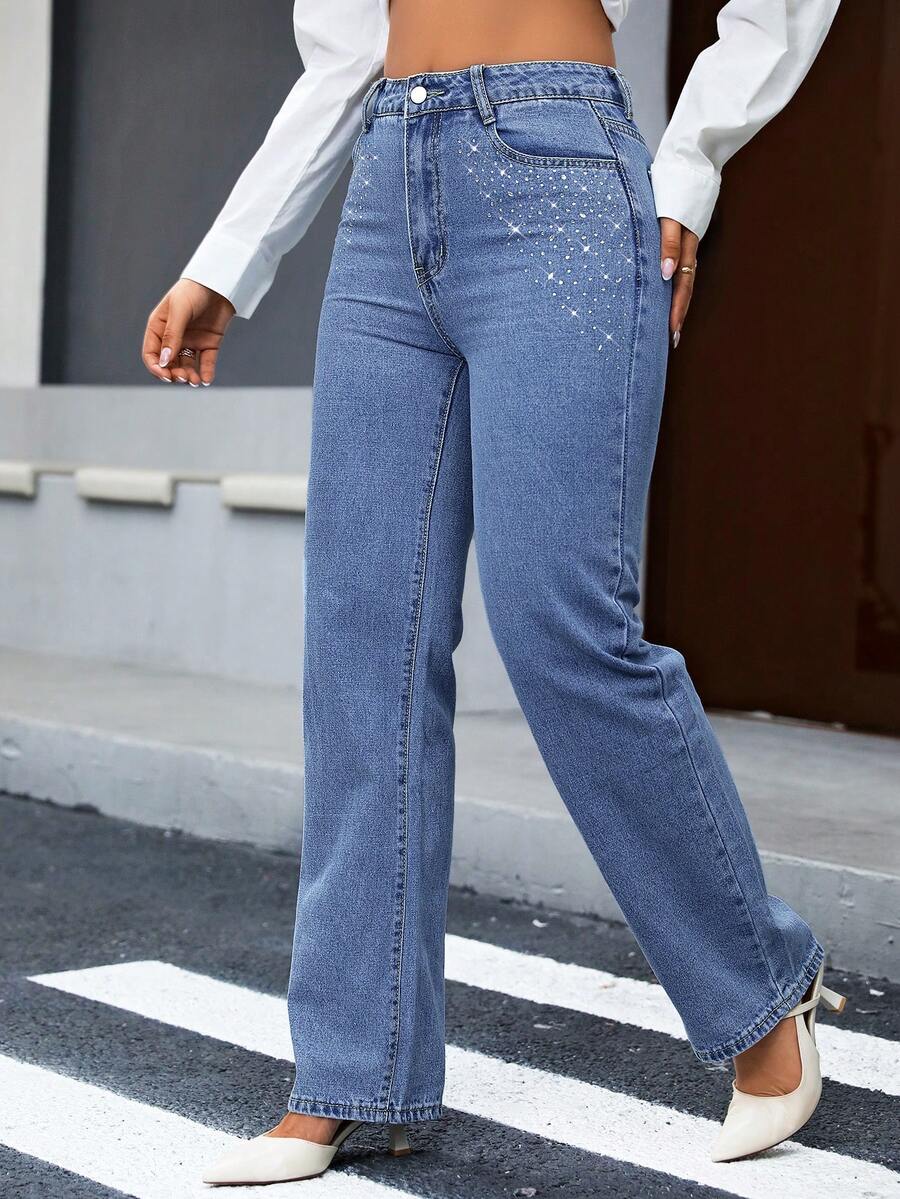 Rhinestone Detail Straight Leg Jeans | SHEIN USA