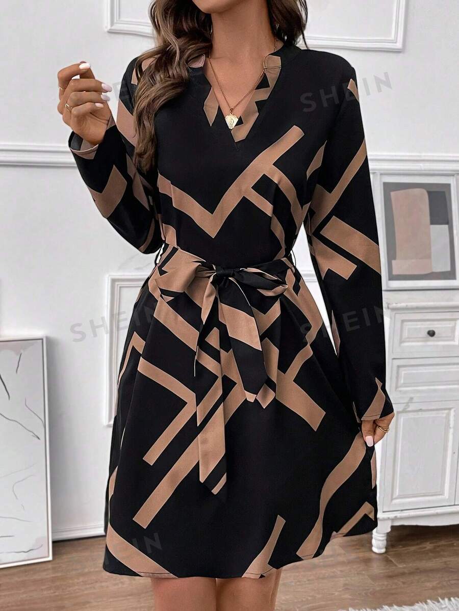SHEIN Clasi Geo Print Notched Neckline Belted Dress | SHEIN USA