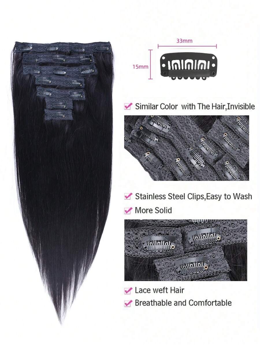Straight Clip In Human Hair Extensions Natural Black 100% Human Hair ...