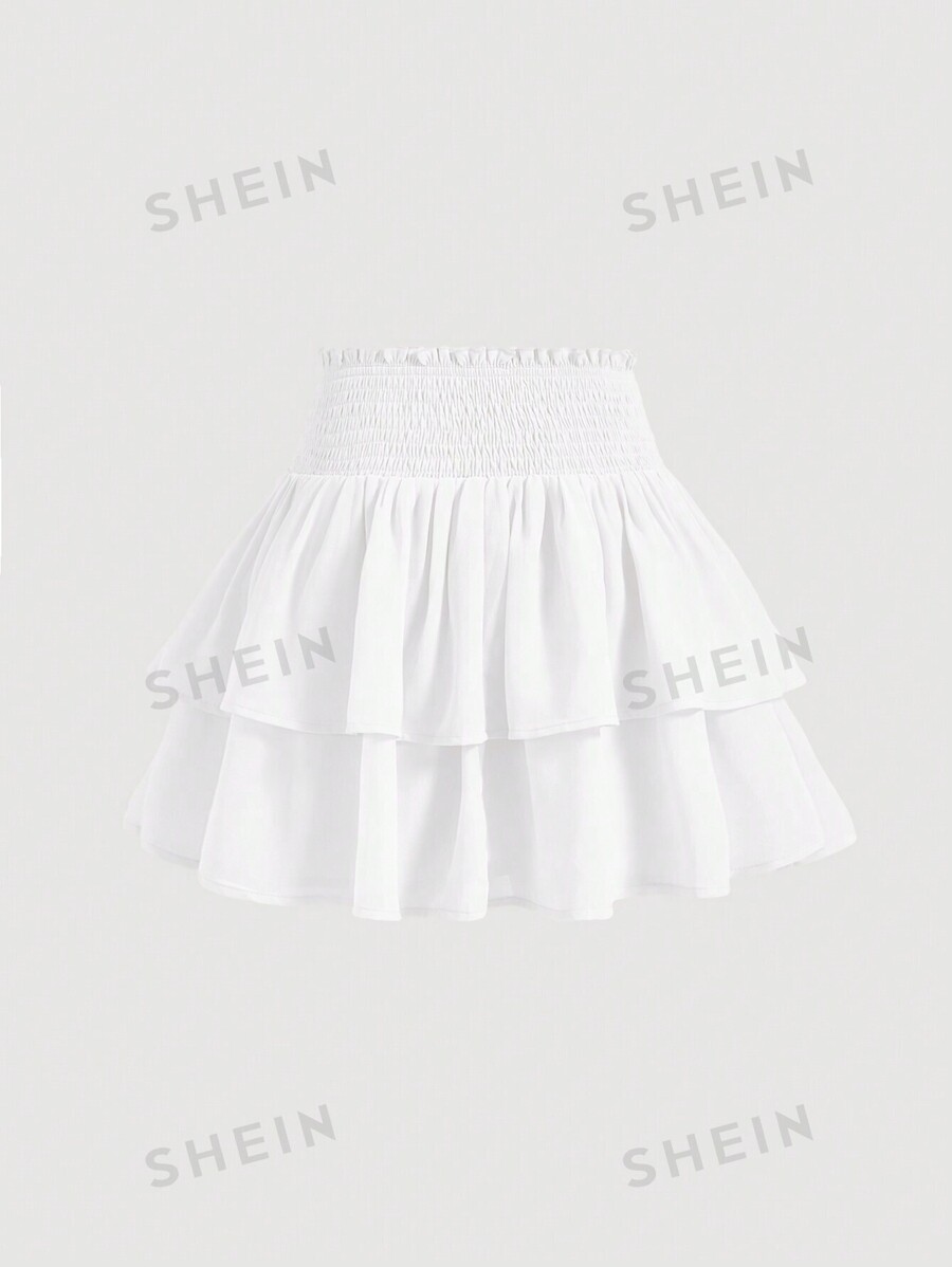 SHEIN MOD White Bilayer Summer Paperbag Shirred Waist Ruffle Hem Skirt ...