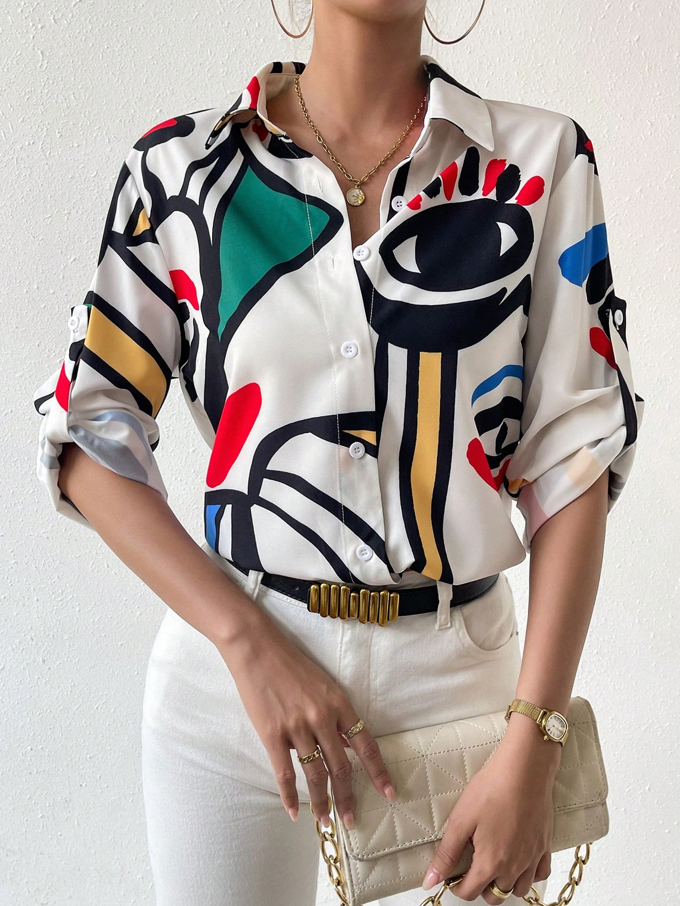 SHEIN Essnce Cartoon Print Button Up Roll Sleeve Shirt | SHEIN USA