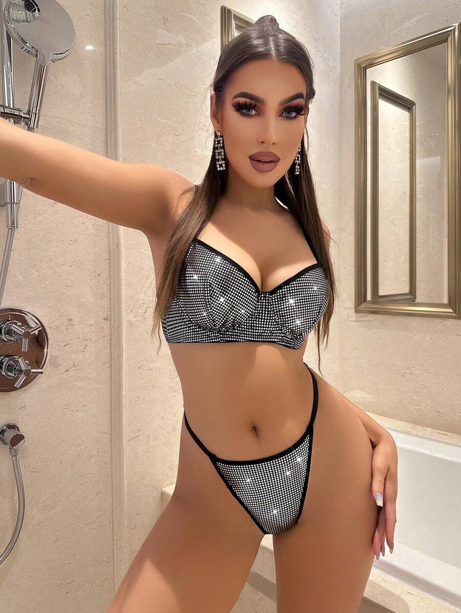 Rhinestone Decor T Shaped Panties Sexy Lingerie Set Shein Usa