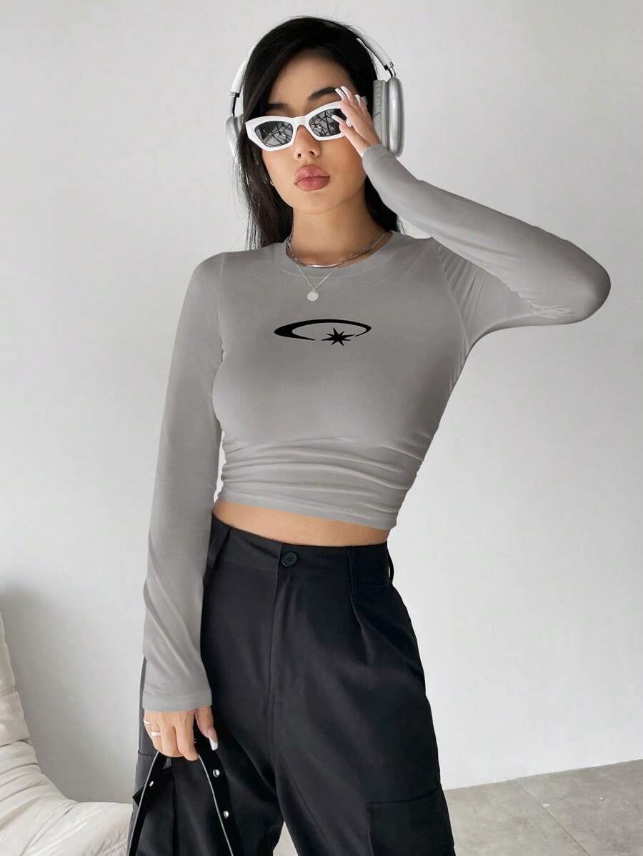 Shein Moosta Top Crop De Mujeres De Manga Corta Con Con Estampado De