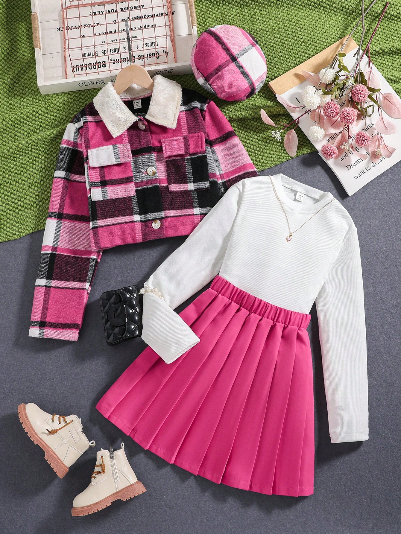 SHEIN Kids Nujoom Plaid Jacket, T-shirt And Pleated Skirt Suit, For ...