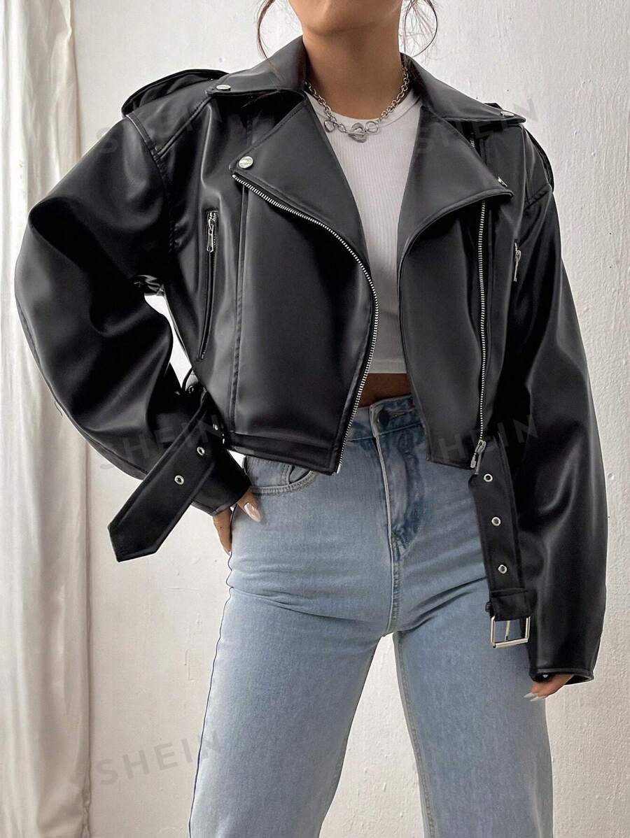 SHEIN SHEIN MOOSTA Zip Up PU Leather Moto Jacket for Sale Australia| New Collection Online ...