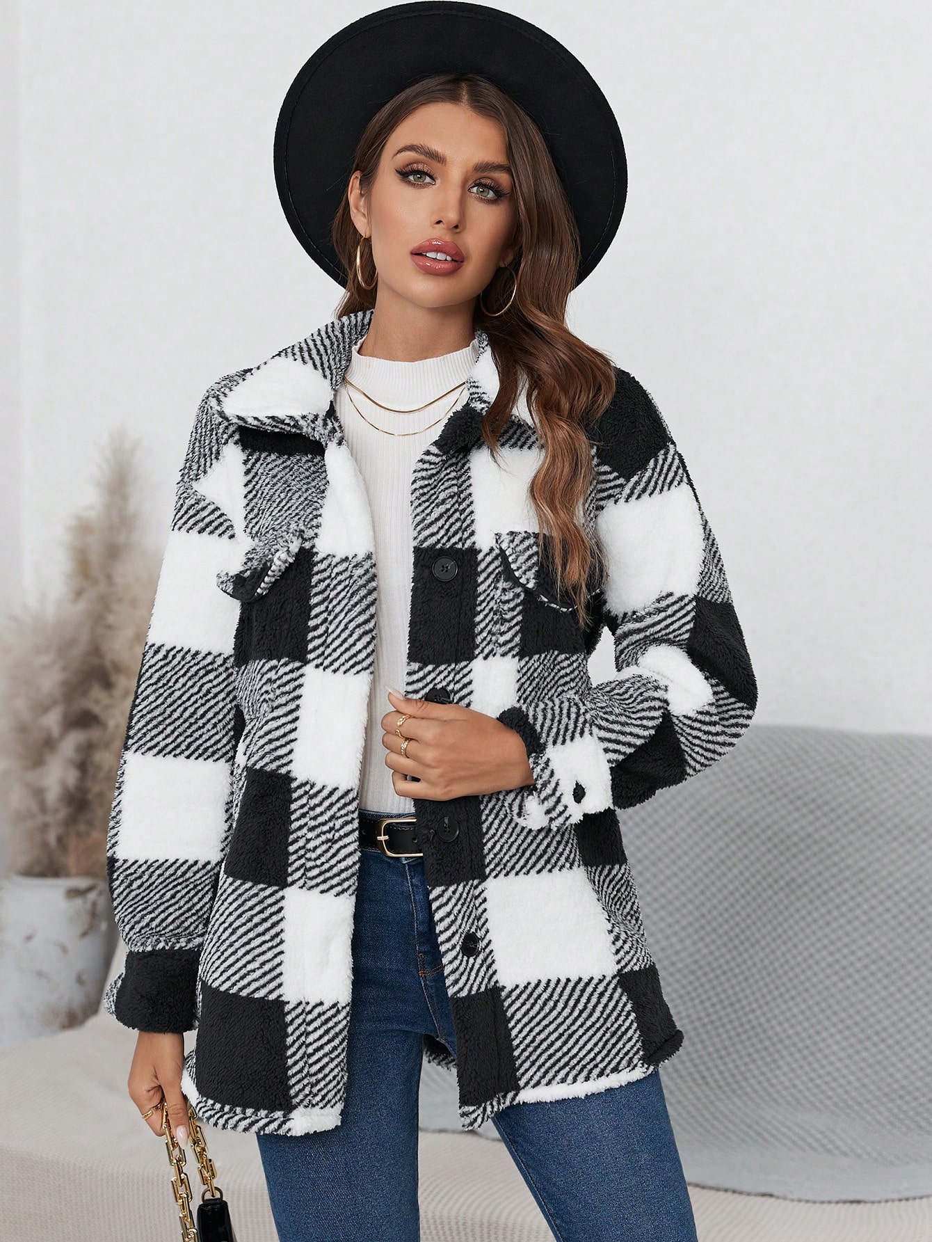 SHEIN LUNE Buffalo Plaid Print Drop Shoulder Flap Detail Coat | SHEIN USA