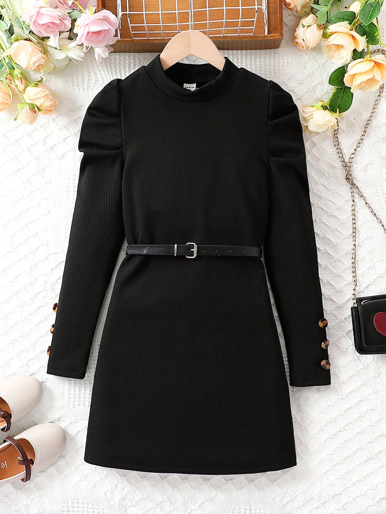 SHEIN Kids EVRYDAY Abito Monocolore Con Maniche A Sbuffo, Colletto Alto ...