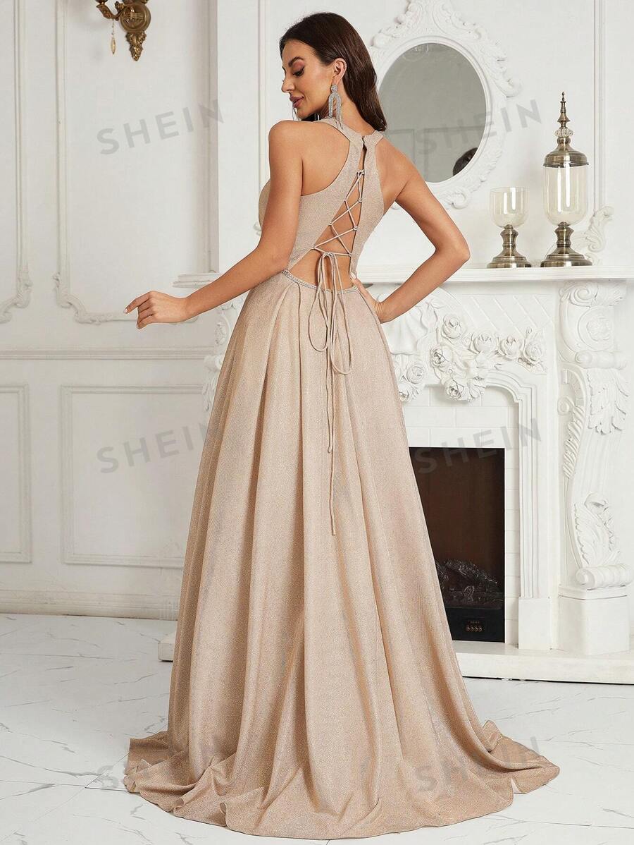 SHEIN Belle Women's Sexy Deep V-neck Bandage Dress With Extra-large Hem ...