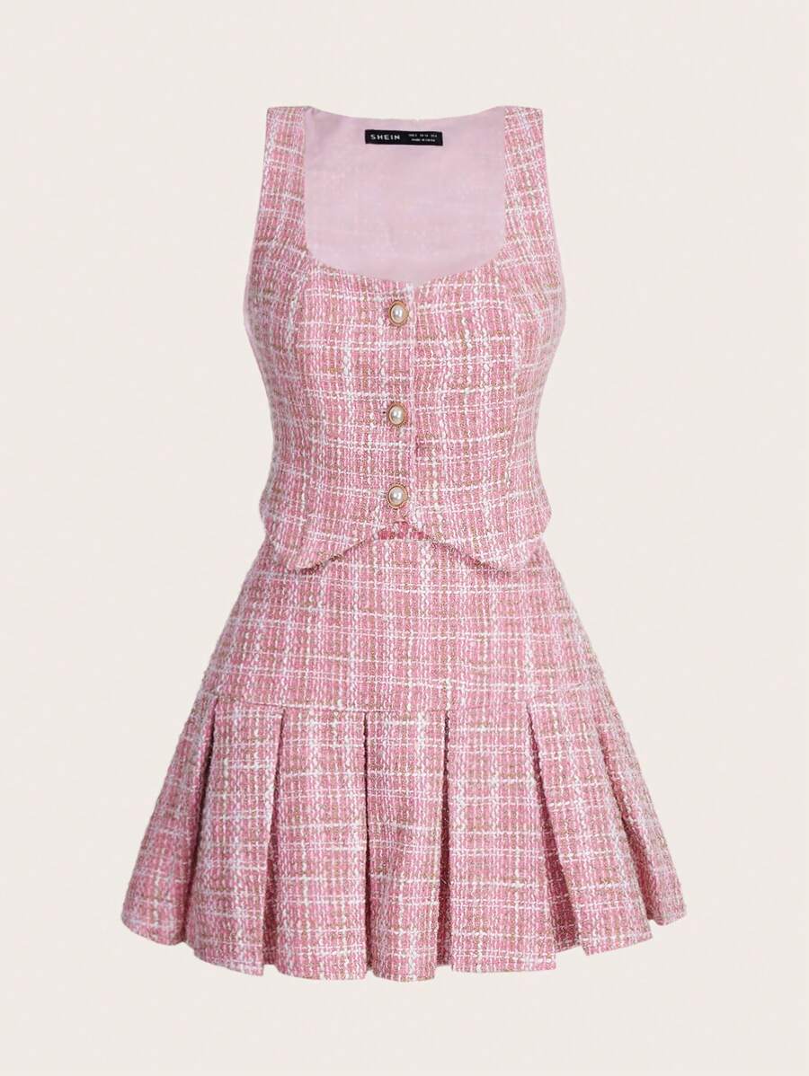 SHEIN MOD Plaid Print Button Front Tank Top & Pleated Skirt | SHEIN UK