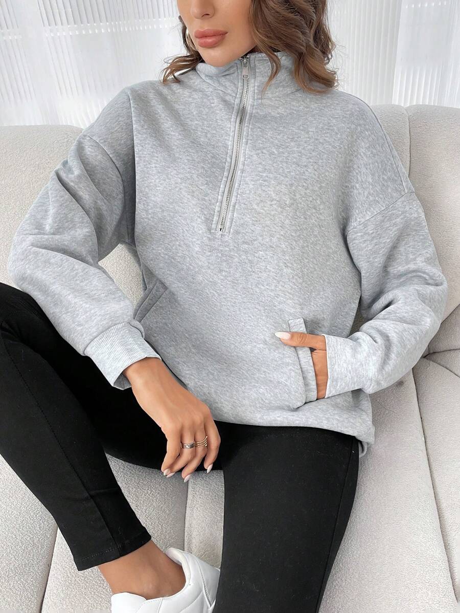 INAWLY Women's Solid Color Half-zipper Drop Shoulder Sweatshirt With ...