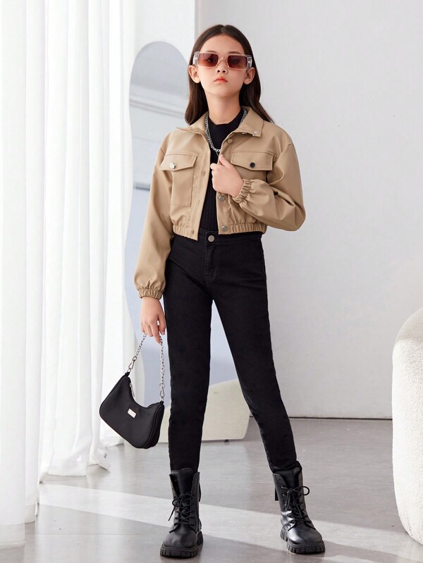 SHEIN Tween Girl Flap Pocket PU Leather Jacket | SHEIN USA