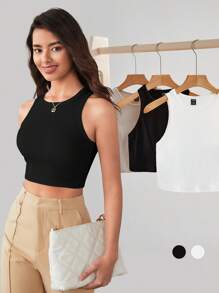 SHEIN BIZwear Solid Rib-knit Crop Tank Top Workwear | SHEIN