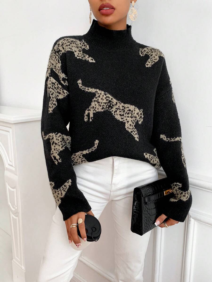 SHEIN Clasi Leopard Pattern High Neck Drop Shoulder Sweater,Long Sleeve ...