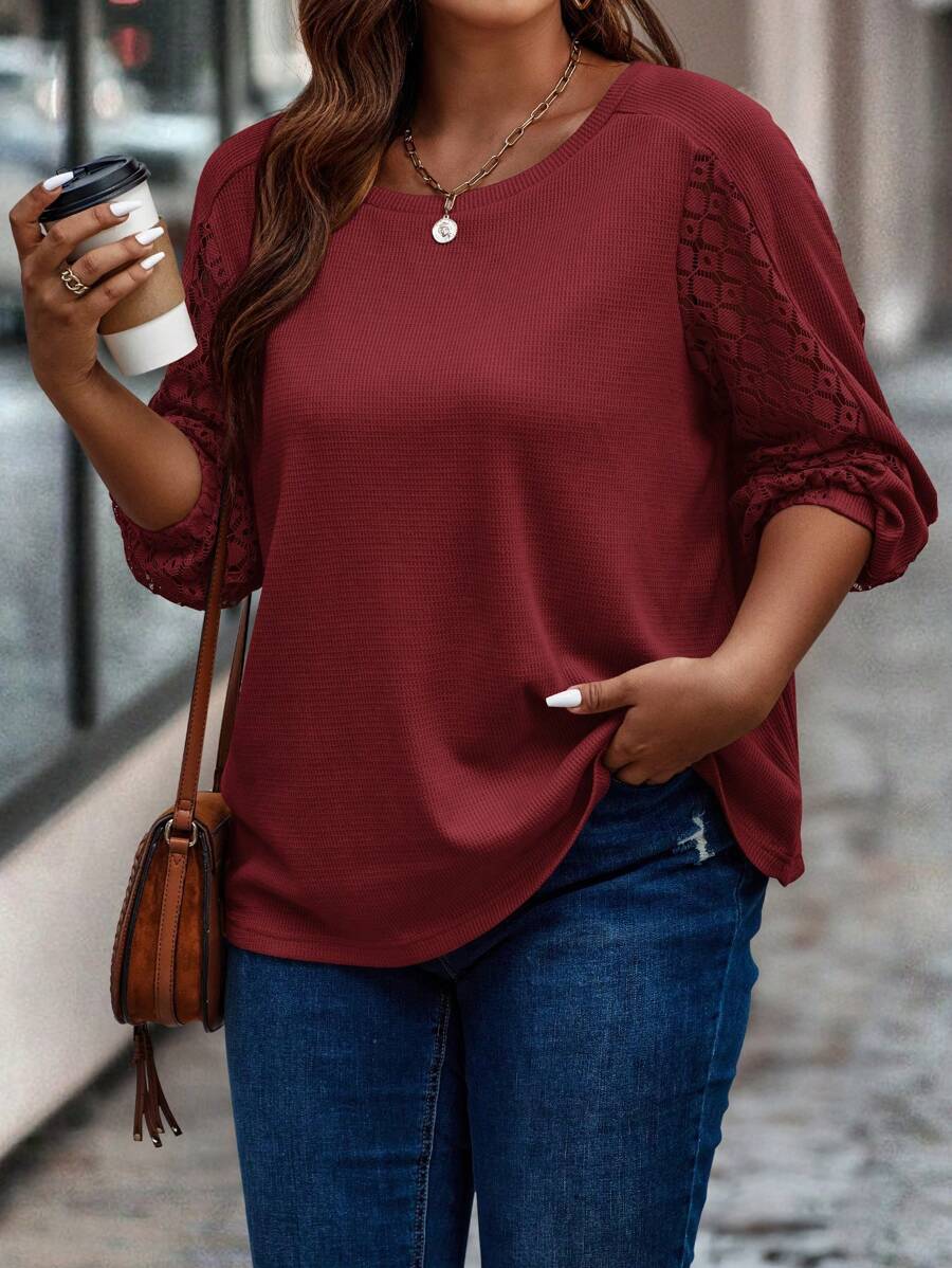 Calvaya Talla grande Camiseta con encaje en contraste de manga obispo | Mode de Mujer | SHEIN España