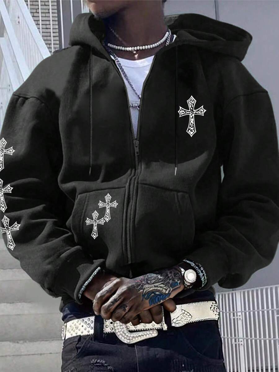 Manfinity Men Cross Print Zip Up Drawstring Hoodie | SHEIN USA