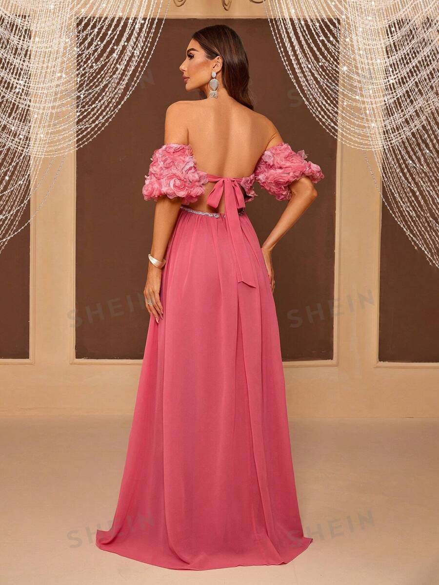 SHEIN Belle 3D Bloemen patroon Open schouders Hoge gleuf Vrouwen ...