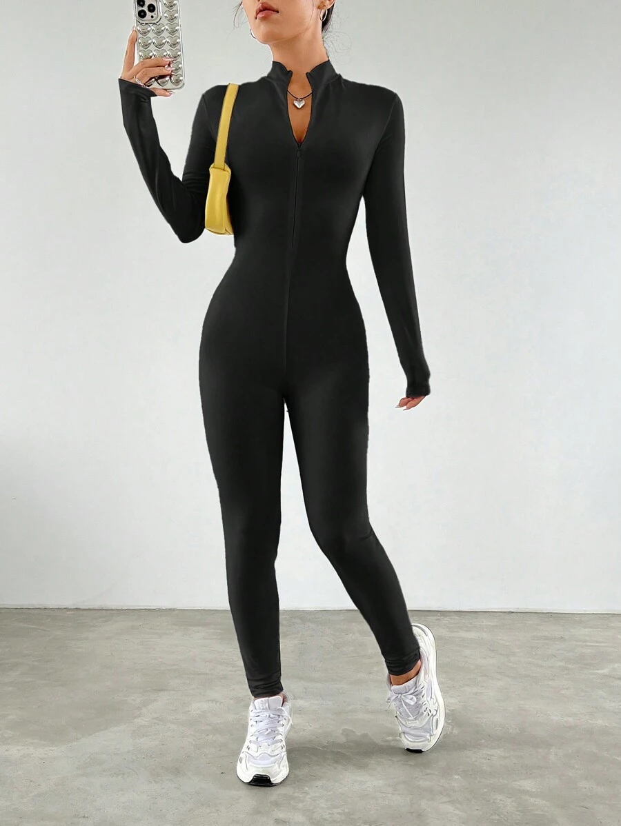 Shein Ezwear Spring Black Y2k Zip Up Unitard Jumpsuit Shein Uk