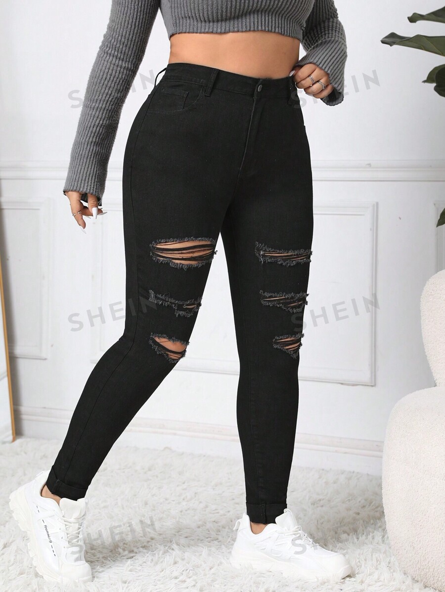 Shein Ezwear Plus Size Ripped Skinny Jeans Shein Usa