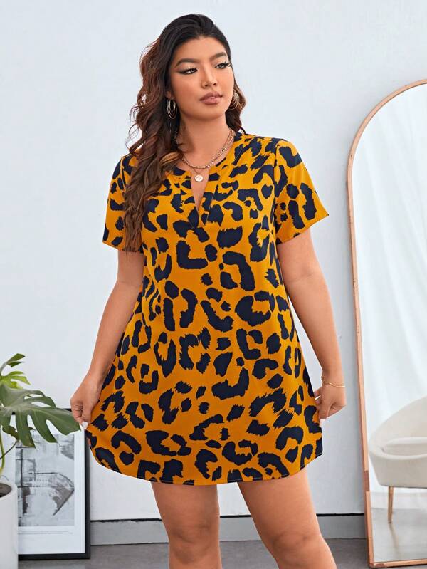 Shein Lune Plus Leopard Print Notched Neckline Dress Shein Usa