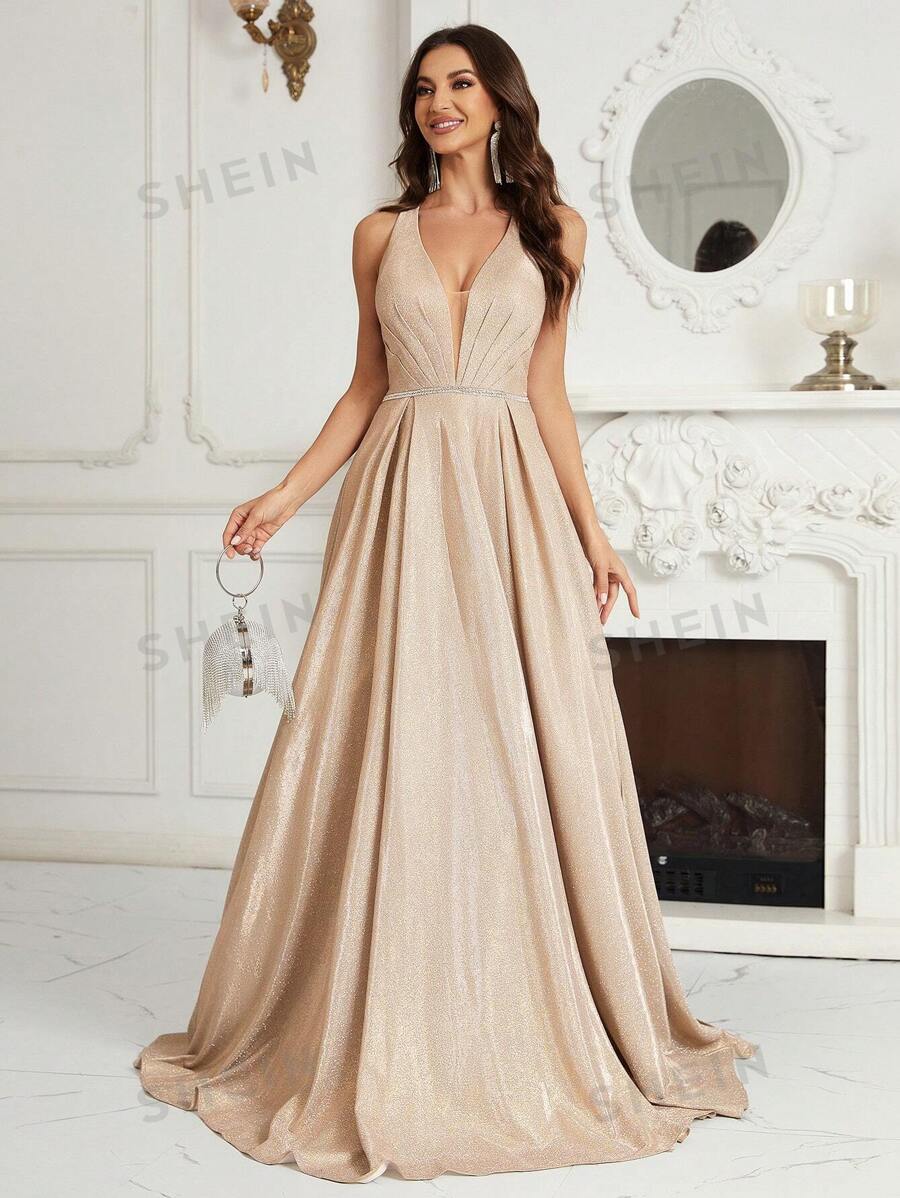 SHEIN Belle Women's Sexy Deep V-neck Bandage Dress With Extra-large Hem ...