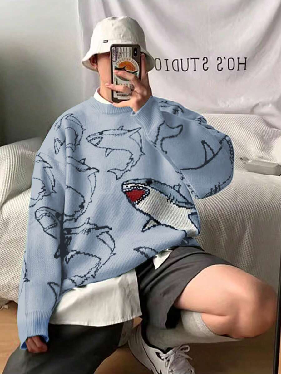 Manfinity Hypemode Men 1pc Shark Pattern Drop Shoulder Sweater | SHEIN USA