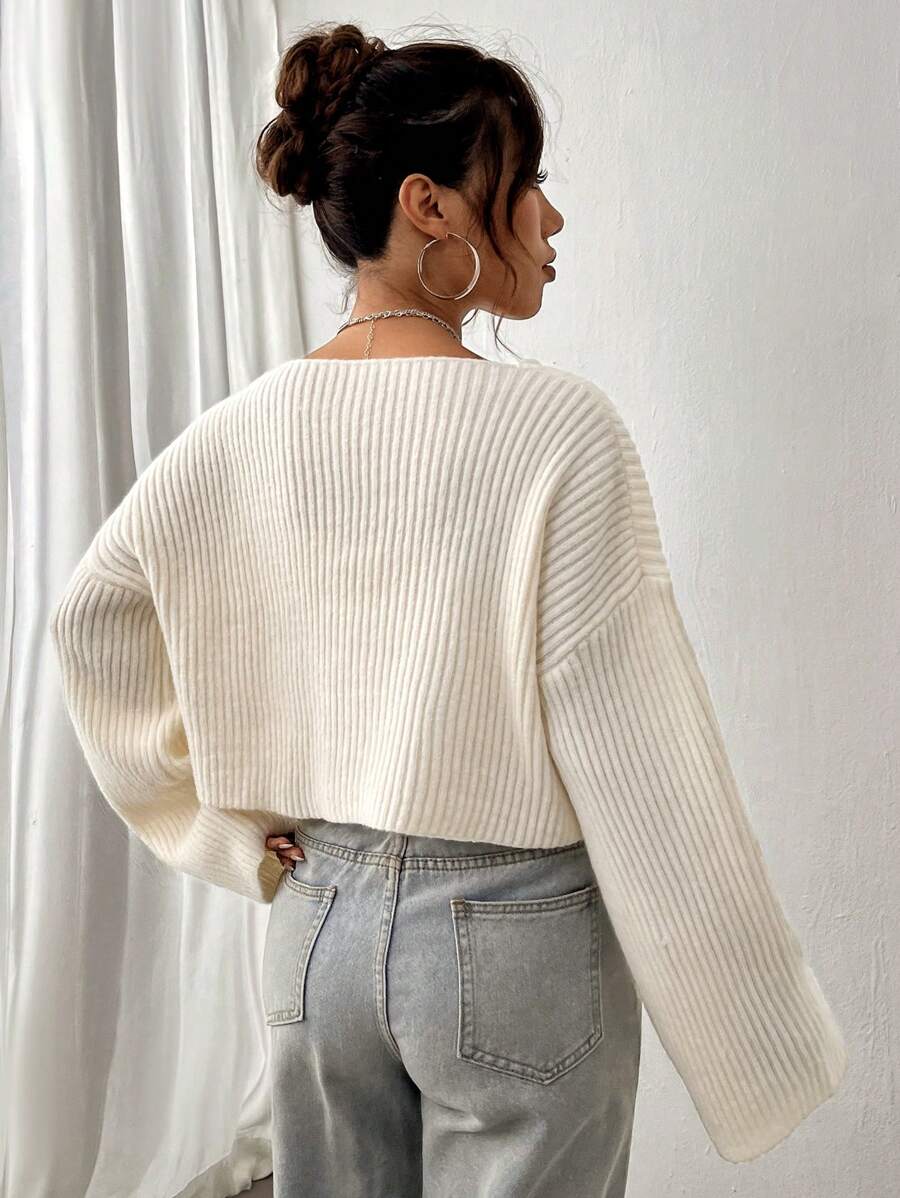 SHEIN EZwear Solid Drop Shoulder Crop Ribbed Knit Sweater | SHEIN UK