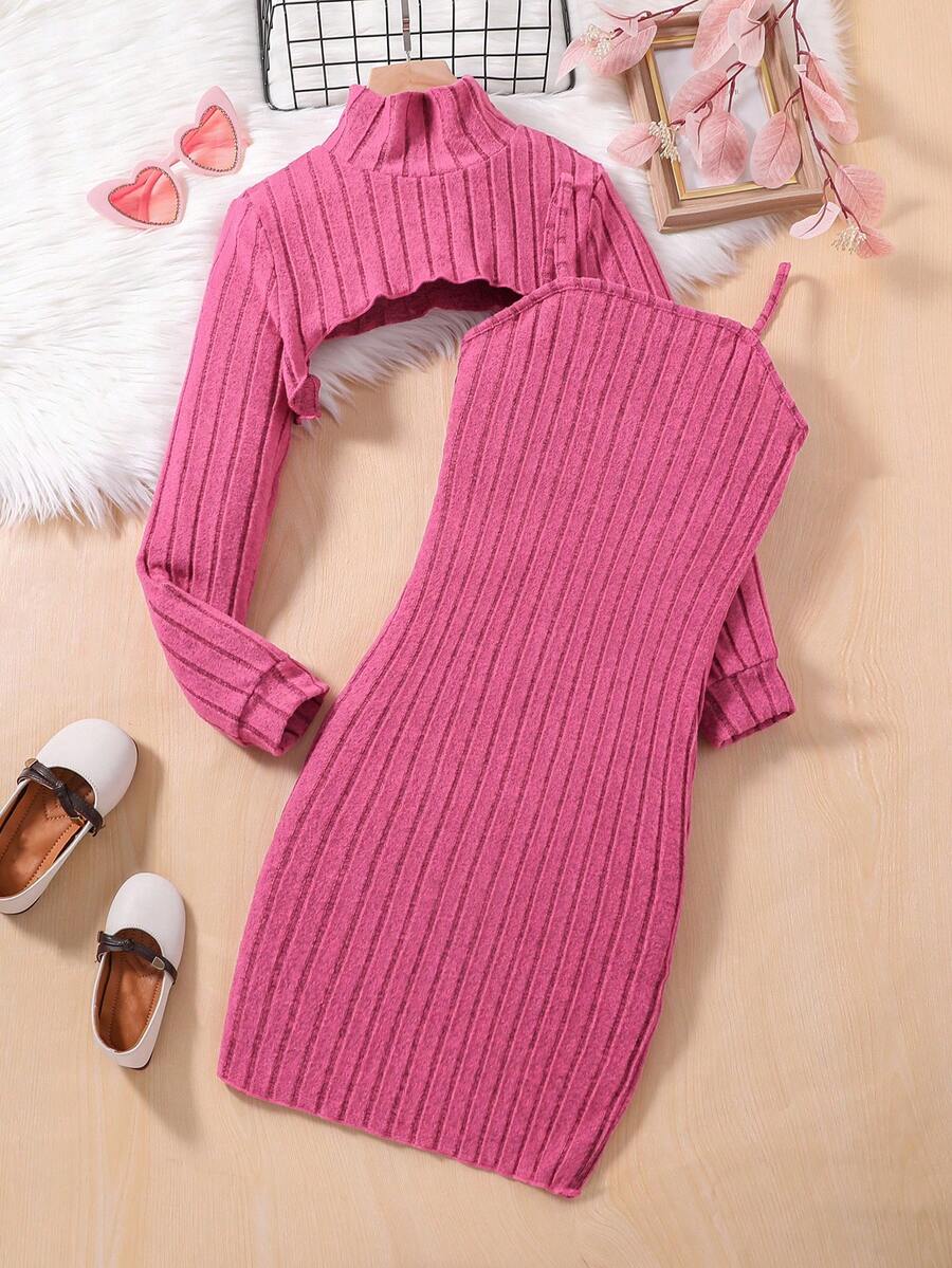 SHEIN Tween Girl Top Muy Corto Con Cuello Simulado Y Vestido Camisero ...