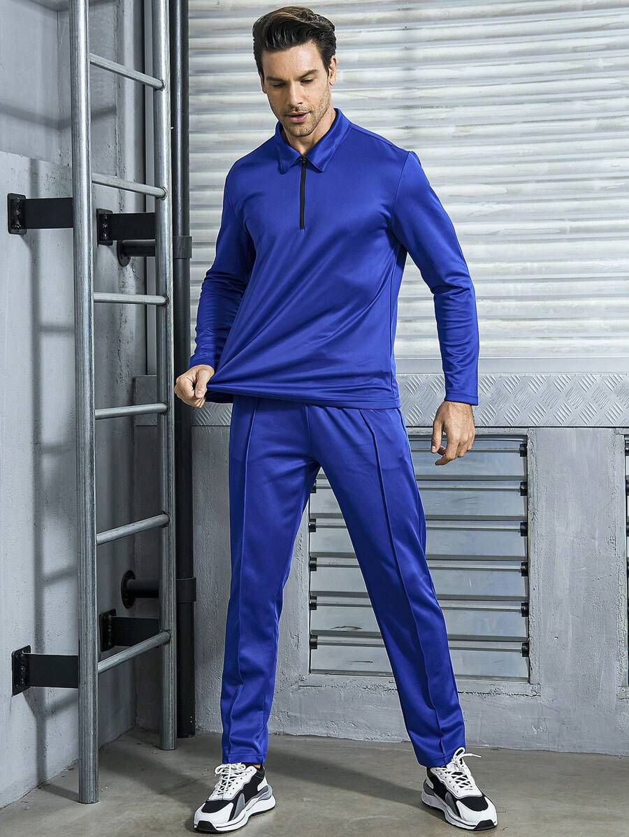Men Quarter Zip Sports Jacket & Pants Sports Set, Athletic Suit ...