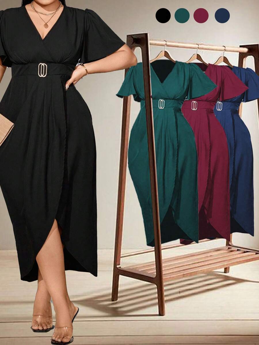 SHEIN Belle Plus Butterfly Sleeve Wrap Hem Belted Dress | SHEIN USA