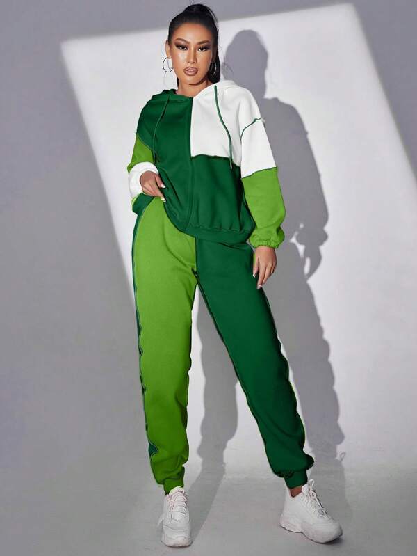 Ladies' Contrast Color Drop Shoulder Hoodie And Sweatpants Tracksuit ...