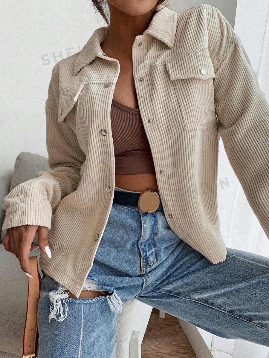 SHEIN EZwear Apricot Flap Pocket Button Front Corduroy Jacket | SHEIN UK